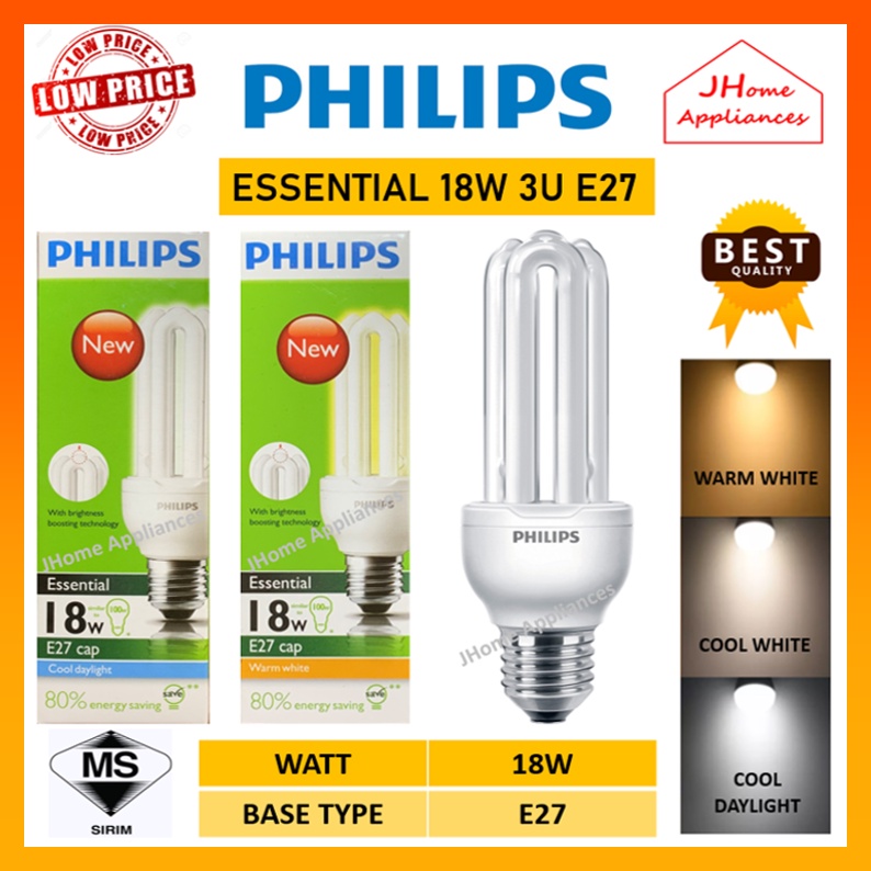PHILIPS ESSENTIAL 18W ENERGY SAVING BULB 3U PLCE E27 (COOL DAYLIGHT 6500K / WARM WHITE 2700K ...