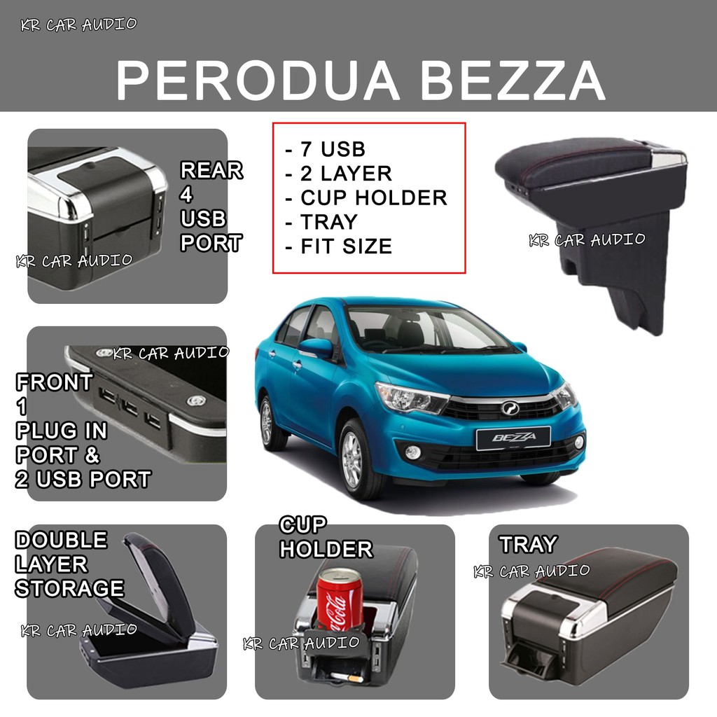 Perodua Bezza Armrest with 7 USB port PVC ABS Console Box [4 Function ...