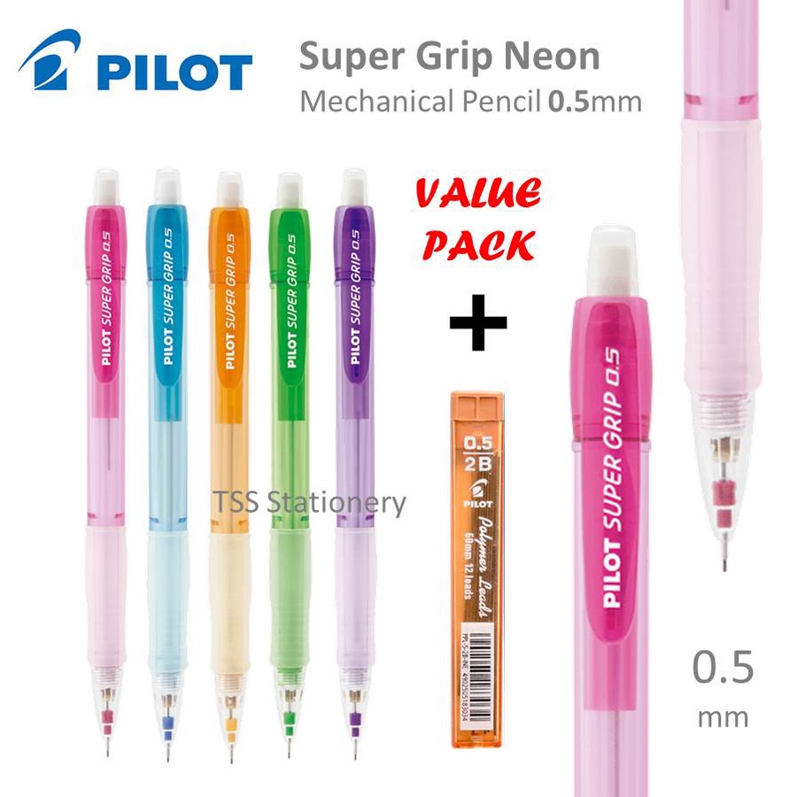 PILOT Mechanical Pencil Super Grip Neon 0.5mm - Value Pack Mechanical Pencil with Leads 0.5mm ...