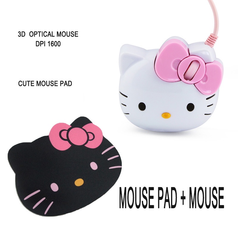 Hello Kitty Wired Mouse 3D Cartoon Pink Cute Mouse Ergonomic 1600 DPI ...
