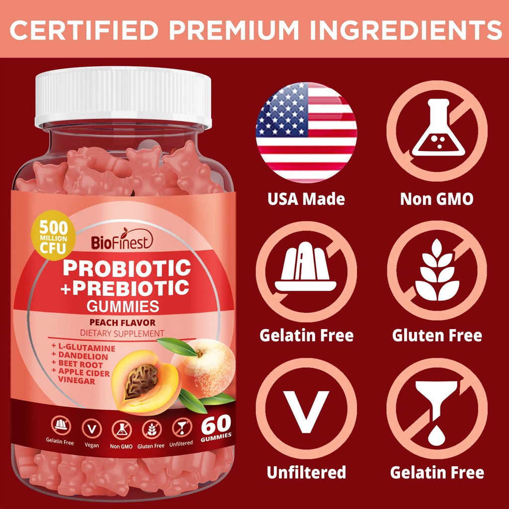 Biofinest Probiotic Prebiotic Gummy Supplement - 500m CFUs Apple Cider ...