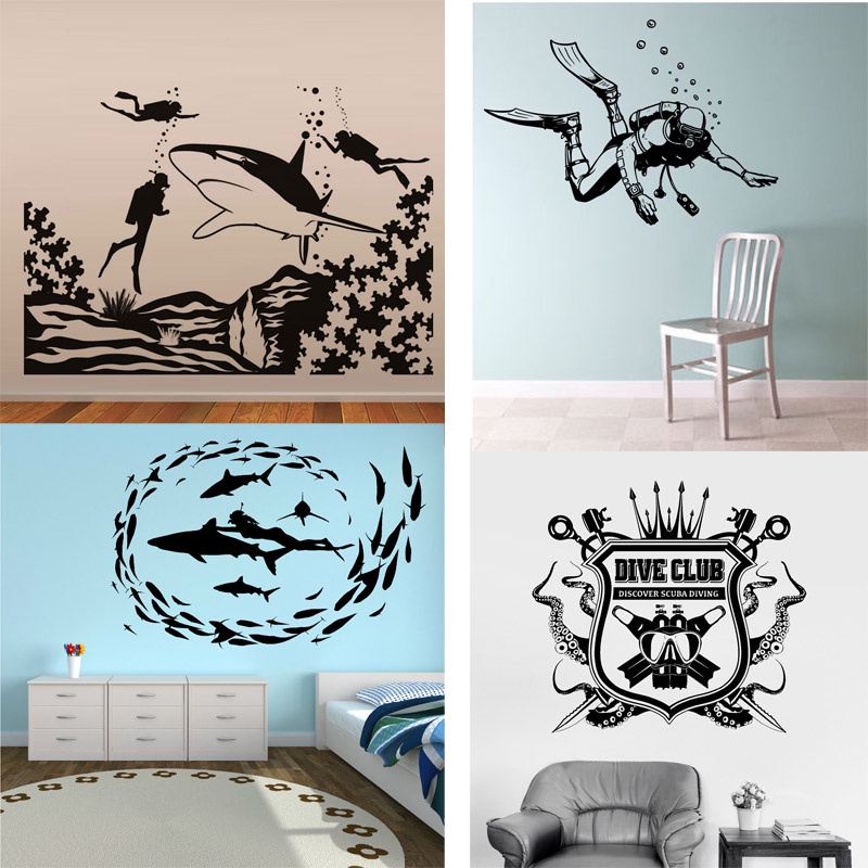 Scuba Diver Wall Decal Helmet Diving Club Extreme Sports Vinyl Sticker ...