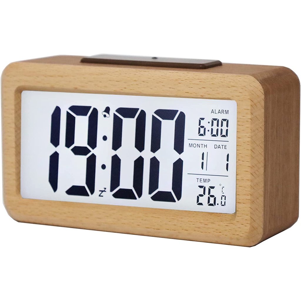 Wooden Digital Alarm Clock, Large LED Display, 12/24 Hours Display ...