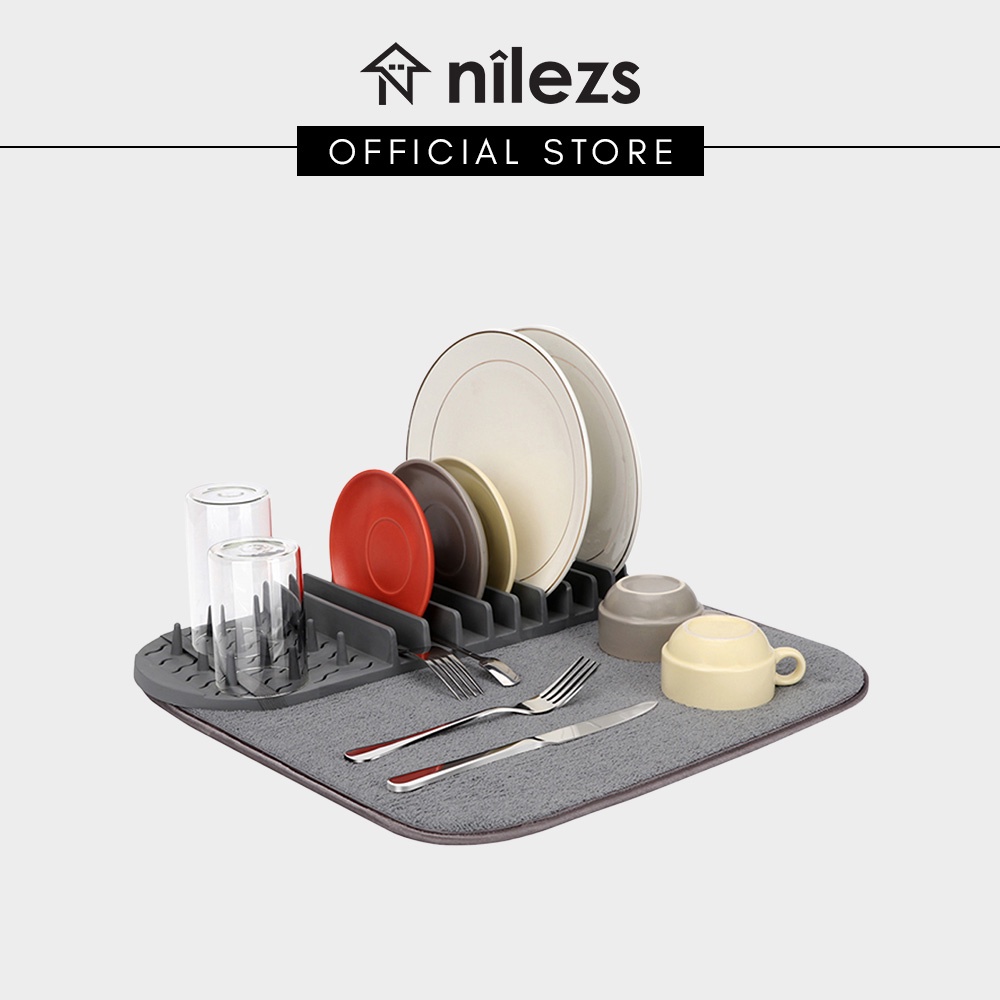 Kitchen Dish Drying Rack Organizer with Micro Fiber Drying Mat in Grey ...