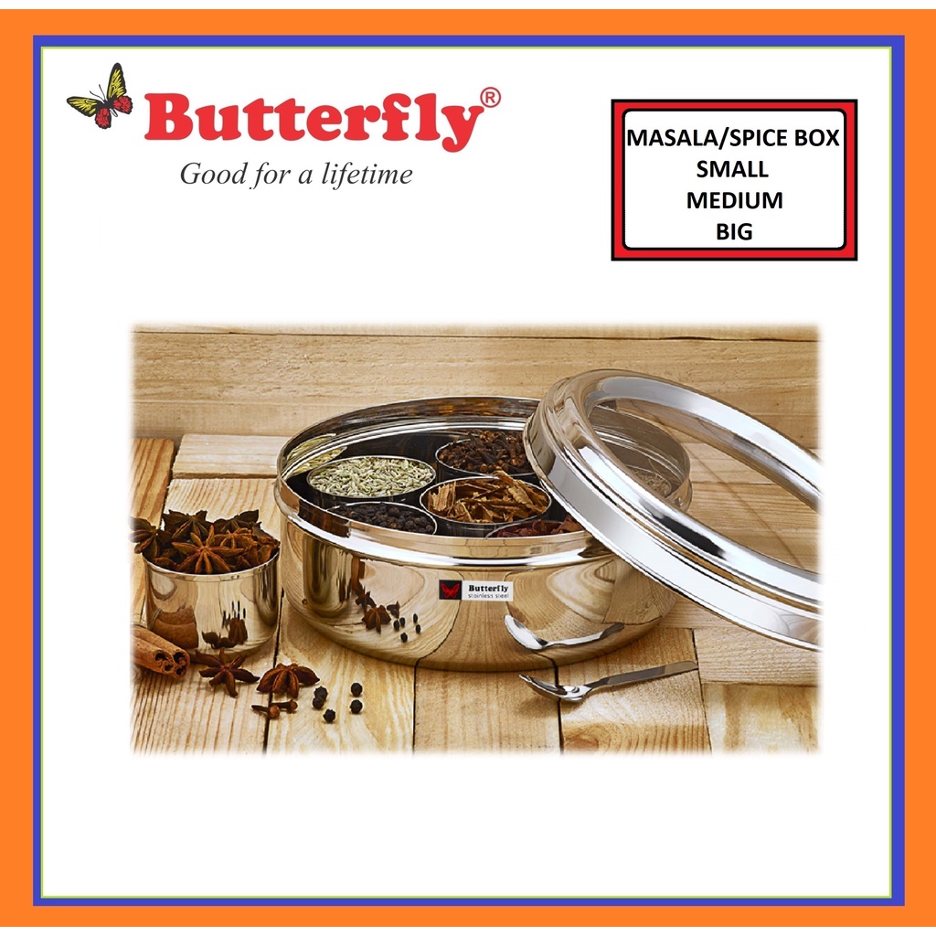 BUTTERFLY STAINLESS STEEL MASALA BOX / SPICE BOX / HERBS BOX / 1 SPOON ...