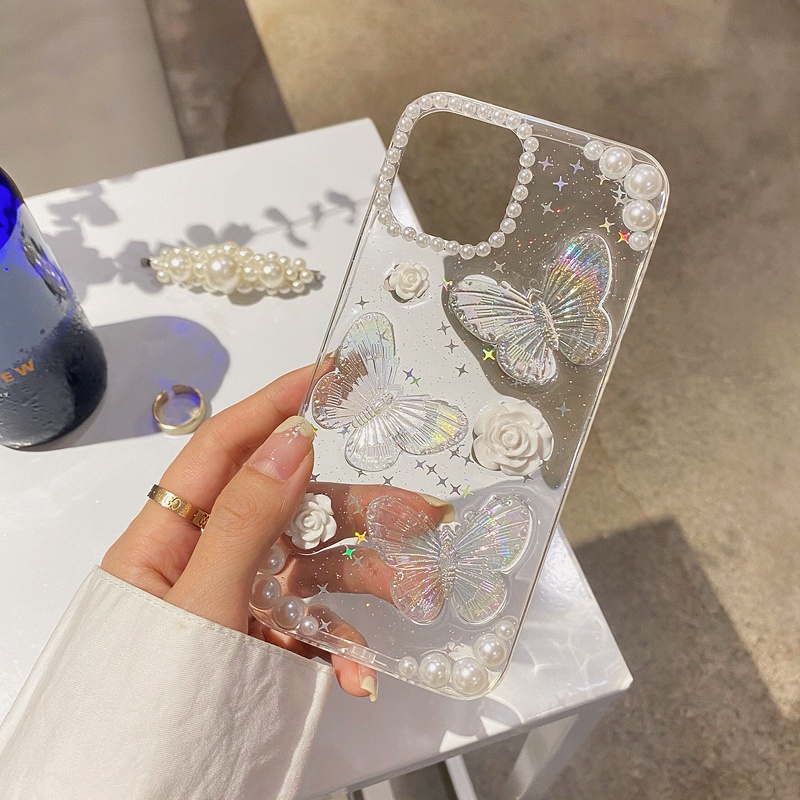 Epoxy Pearl Butterfly Flower Acrylic Hard Phone Case For iPhone 16 15 ...