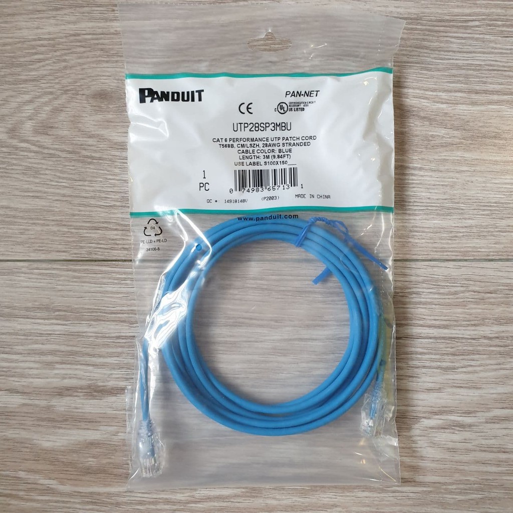 PANDUIT UTP28SP3MBU *CAT 6 Performance UTP RJ45 Patch Cord* (T568B, 28AWG, Stranded) BLUE, 3 ...