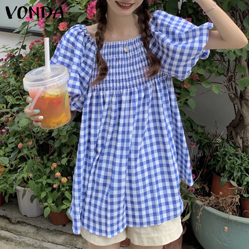VONDA Women Korean Summer Flare Short Sleeve Off Shoulder Plaid Holiday ... VONDA Women Korean Summer Flare Short Sleeve Off Shoulder Plaid Holiday ...
