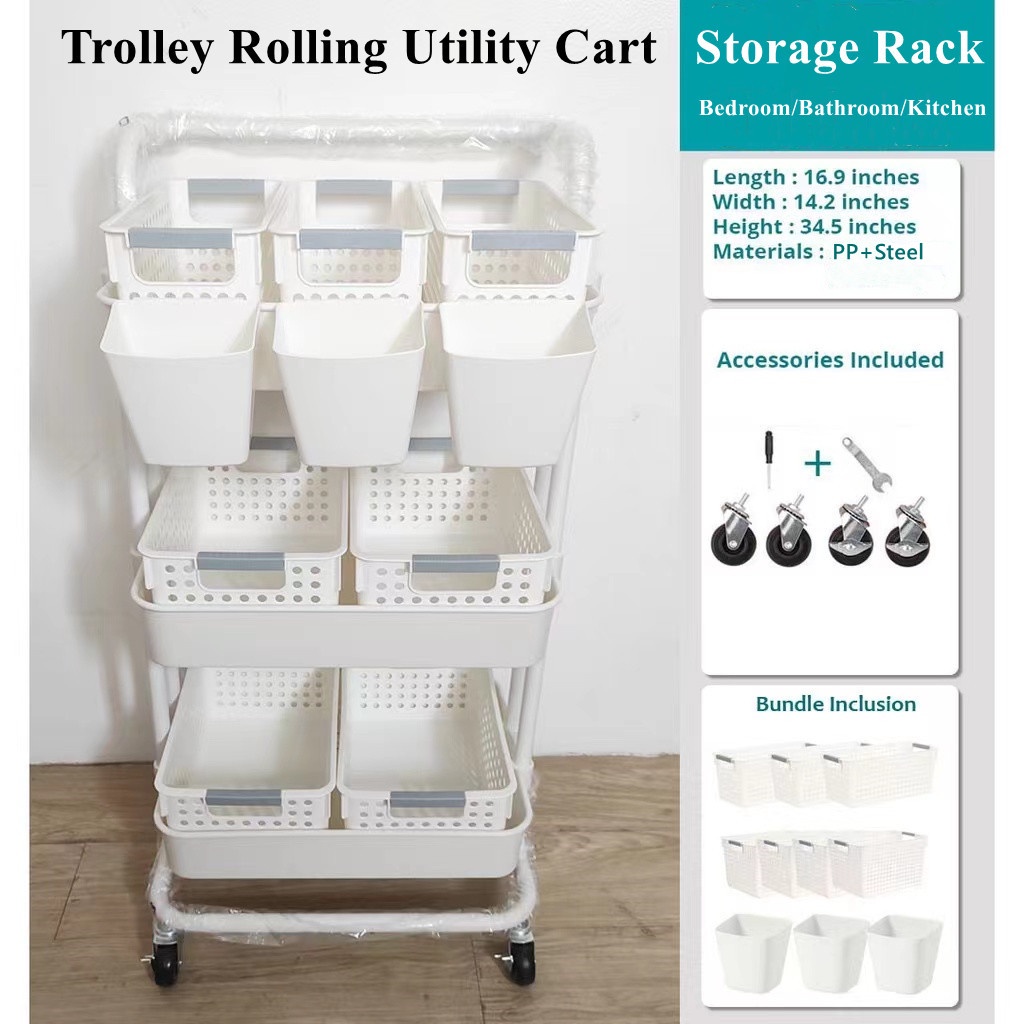 Full Set 3 tier Kitchen Trolley Rolling Utility Cart Bedroom Storage ...