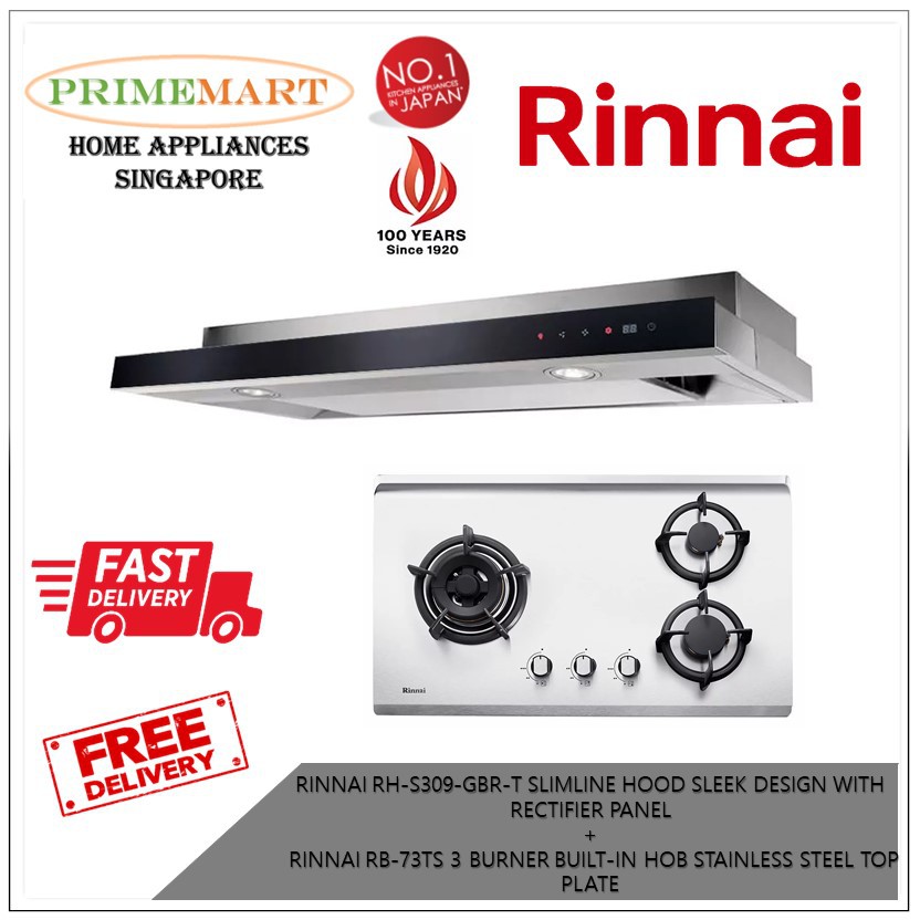 RINNAI RH-S309-GBR-T SLIMLINE HOOD + RINNAI RB-73TS 3 BURNER BUILT-IN HOB BUNDLE DEAL ...