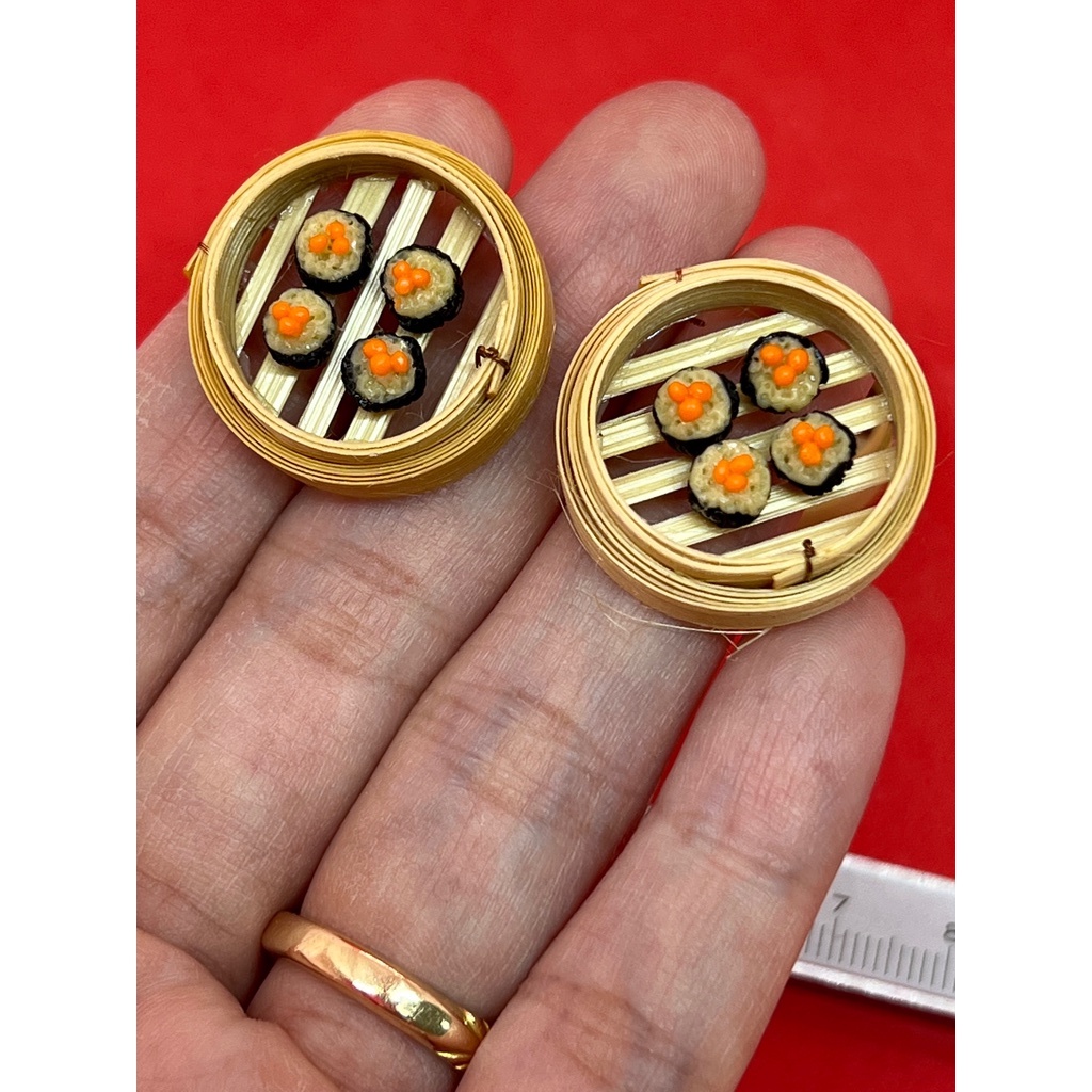 Handmade Miniature Set Dim Sum In bamboo basket, Seaweed Pork Roll ...