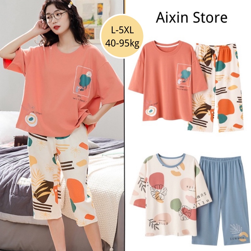 Pajamas Women cotton L-5XL Plus Size READY STOCK Short Sleeve Pyjamas Round Neck Shorts Set ...