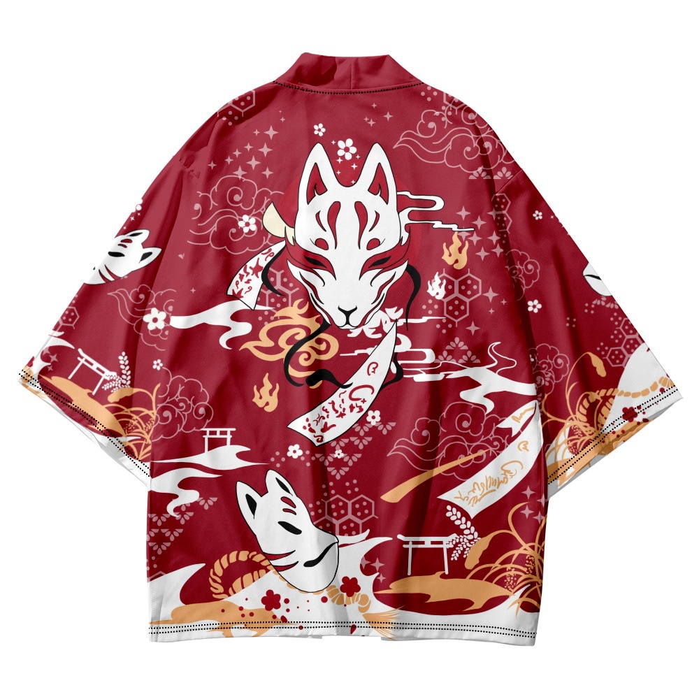 Japanese Fox Print Black Kimono Cardigan Cosplay Shirt Fashion Women ...
