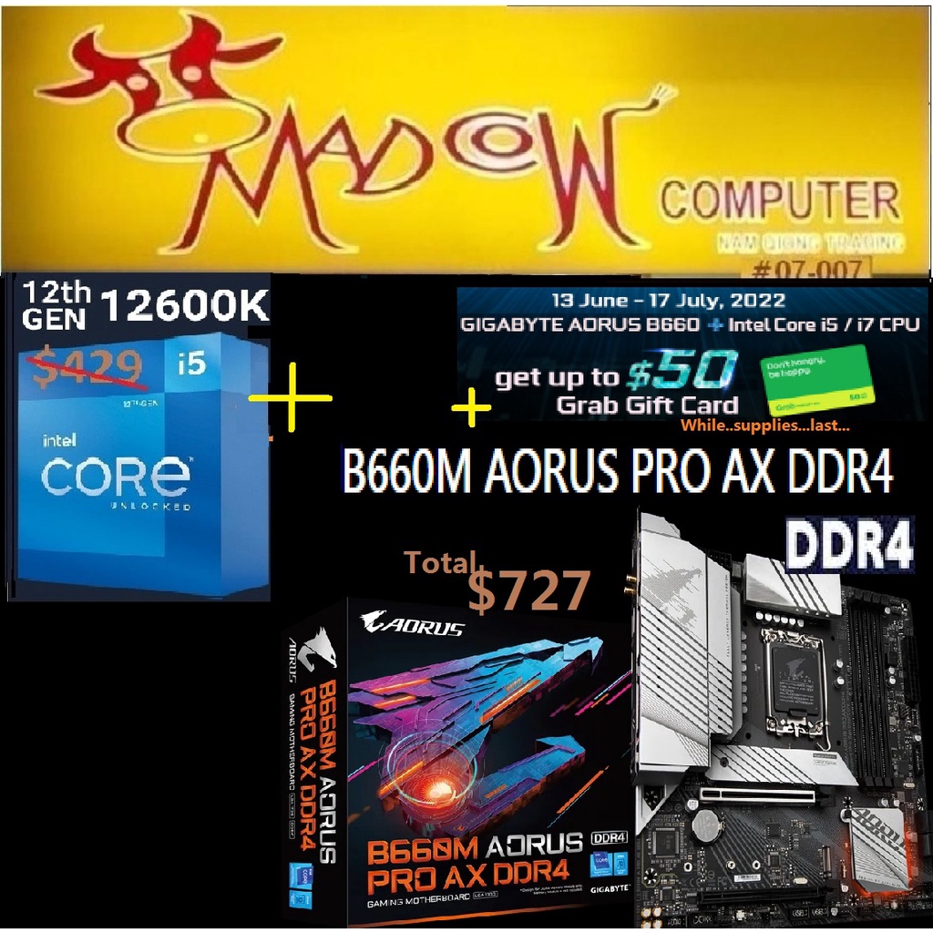 Intel Core i5-12600K CPU 10 Cores/16T Up to 4.9 GHz(3Y) + GIGABYTE B660M AORUS PRO AX DDR4...(3Y ...