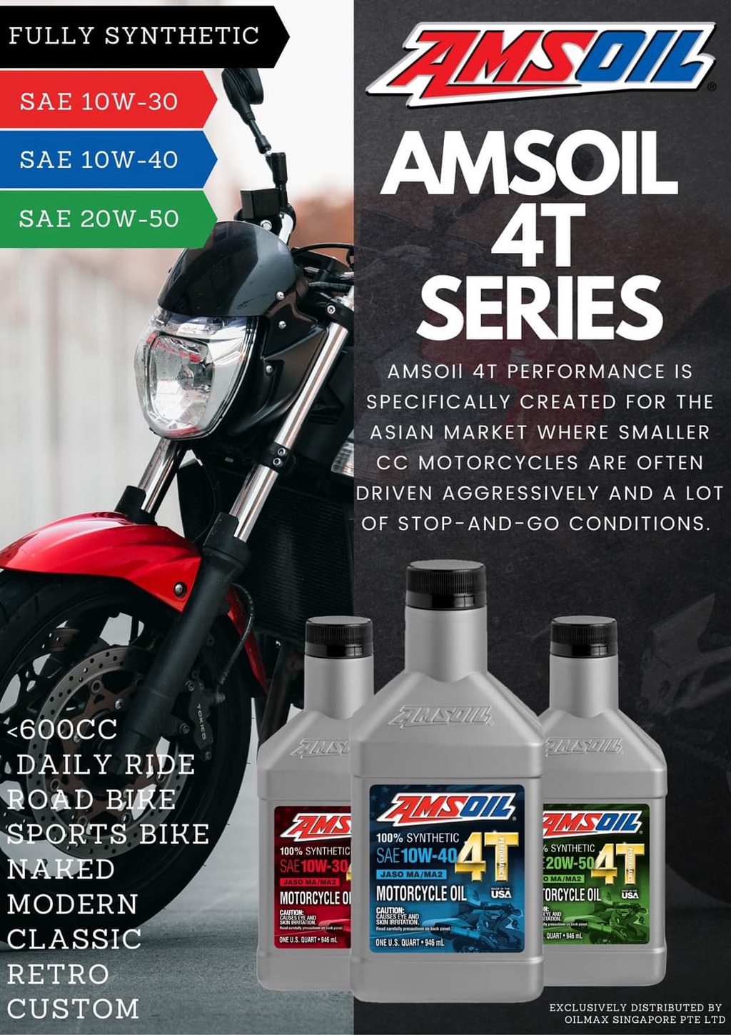 Amsoil 100% Synthetic 4T Performance Motorcycle Oil 10W30/10W40/10W50 ...
