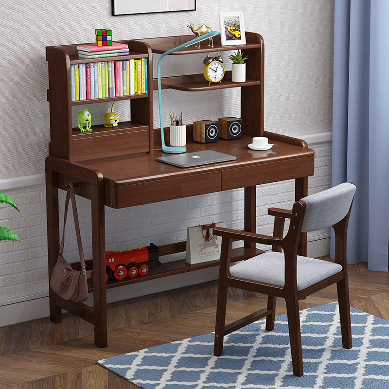 Solid wood lifting children's learning computer desk with bookshelf ...