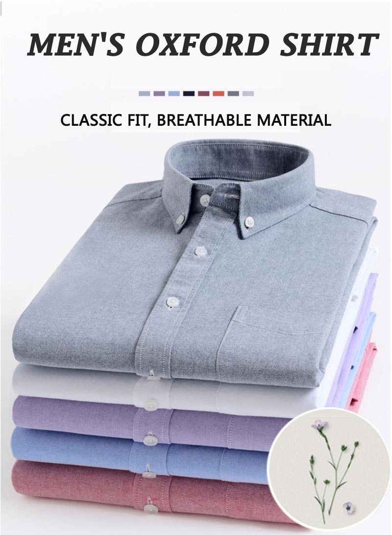 M-5XL Men's Shirt Plain Cotton Linen Long-Sleeved Oxford Clothes Casual ...