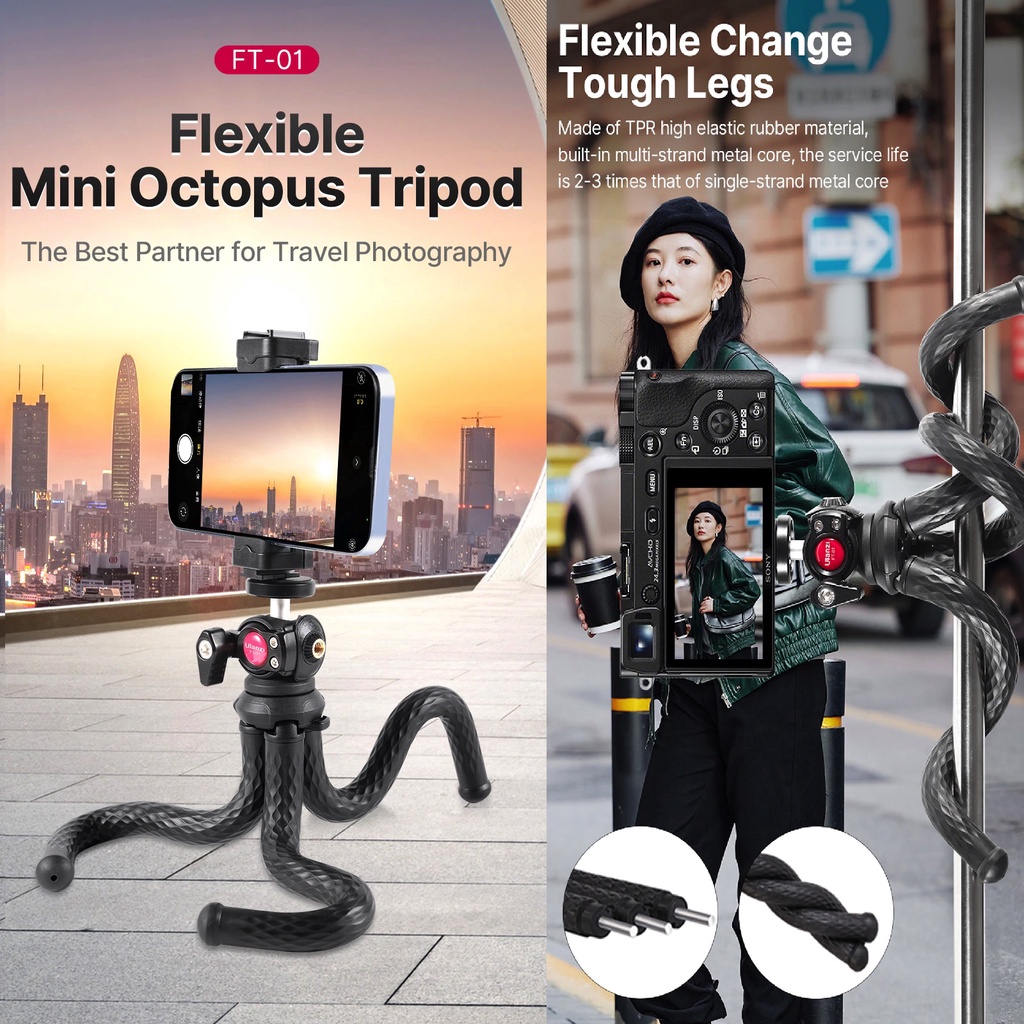 ULANZI FT-01 Flexible Octopus Tripod Gorillapod with Phone Holder Clip Ballhead Mount for Mobile ...