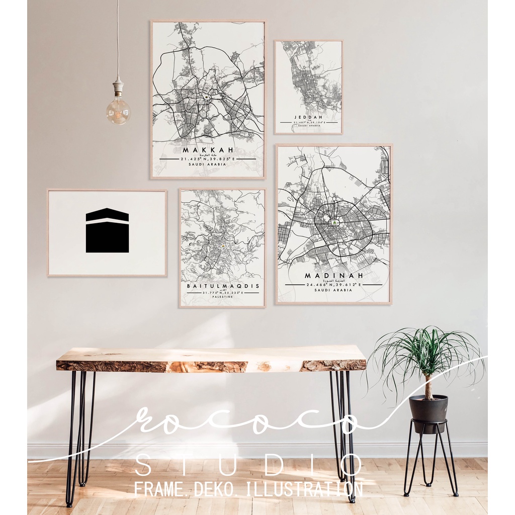 Poster With Frame | Mekah Madinah Aqsa Islamic Map Peta Minimalist Back ...