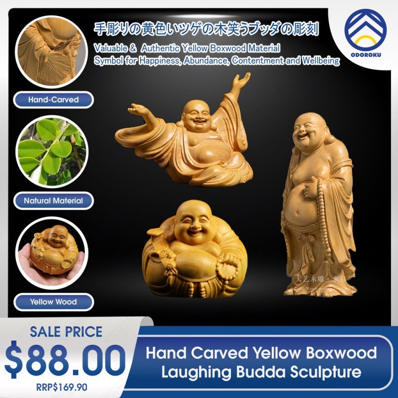 ODOROKU Yellow Box Wood Laughing Happy Buddha Statue Hand Carved Yellow ...