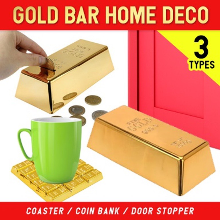 Gold Bar Door Stopper Coaster Coin Bank Golden House Warming Present ...