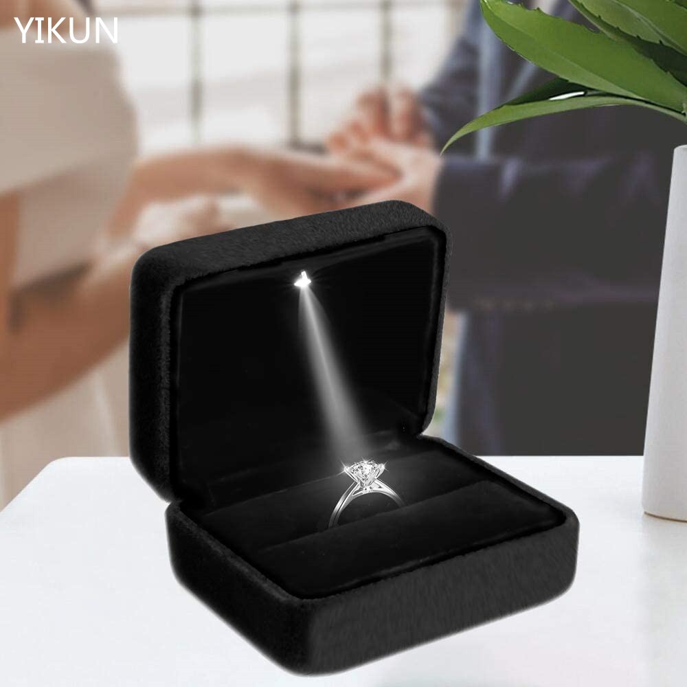 Velvet Ring Box LED Light Jewelry Gift Box Engagement and Wedding Ring ...