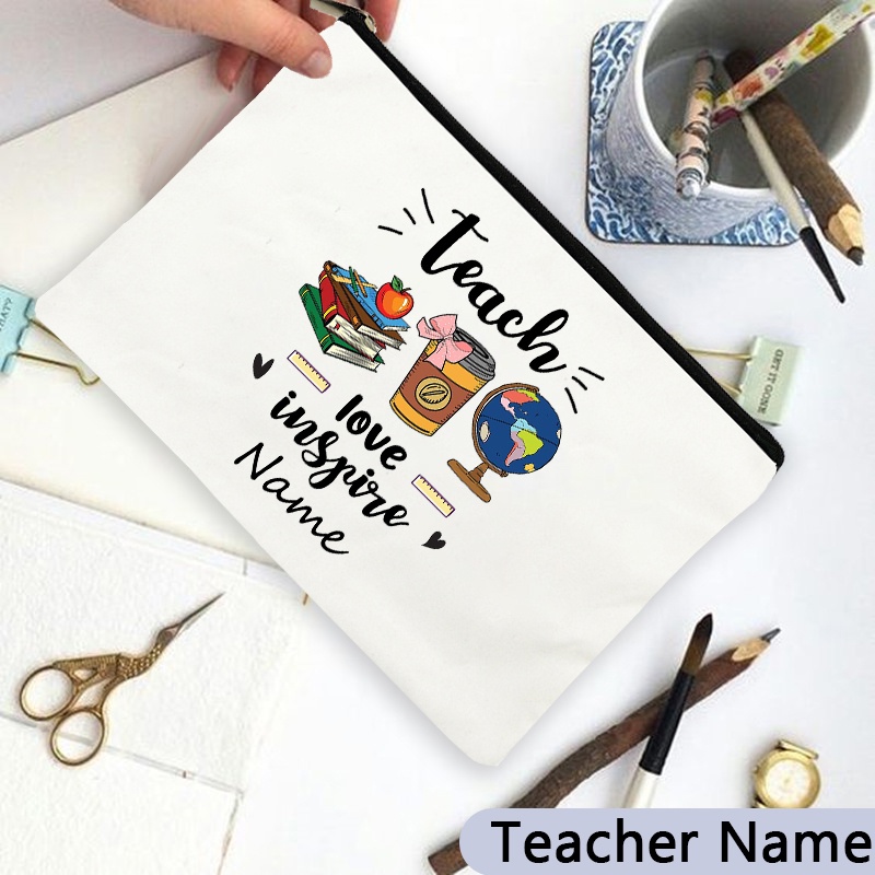 Custom Teacher Name Personalized Canvas Pouch Pencil Cases Travel Wash ...
