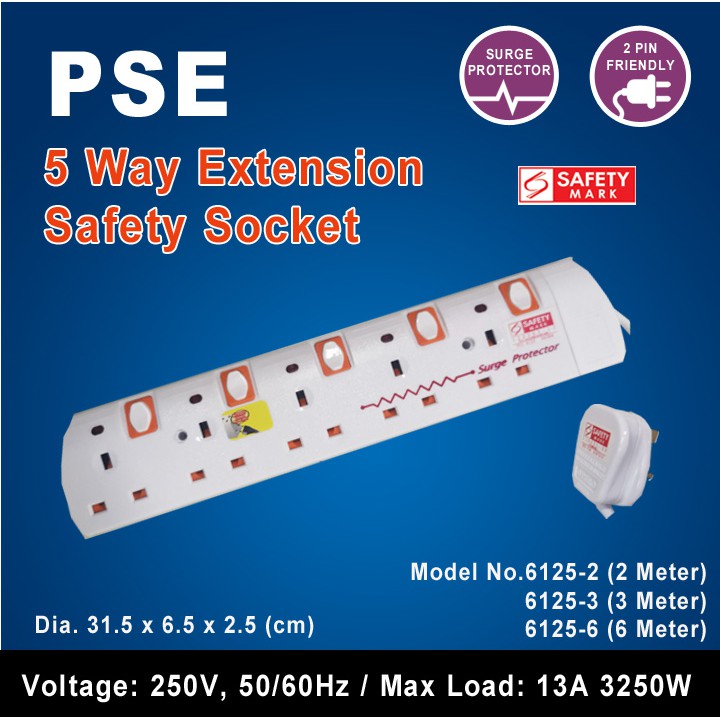 PSE 2 to 6 Way Extension Socket with Surge Protection and Safety Mark ...
