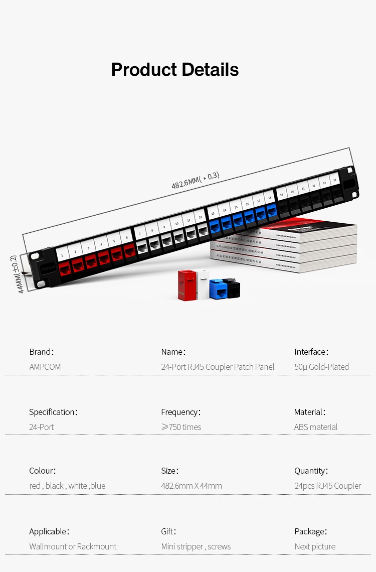 AMPCOM Patch Panel , 24 Port Patch Panel Pass Through, RJ45 Unshielded Thru Coupler Patch Panel ...