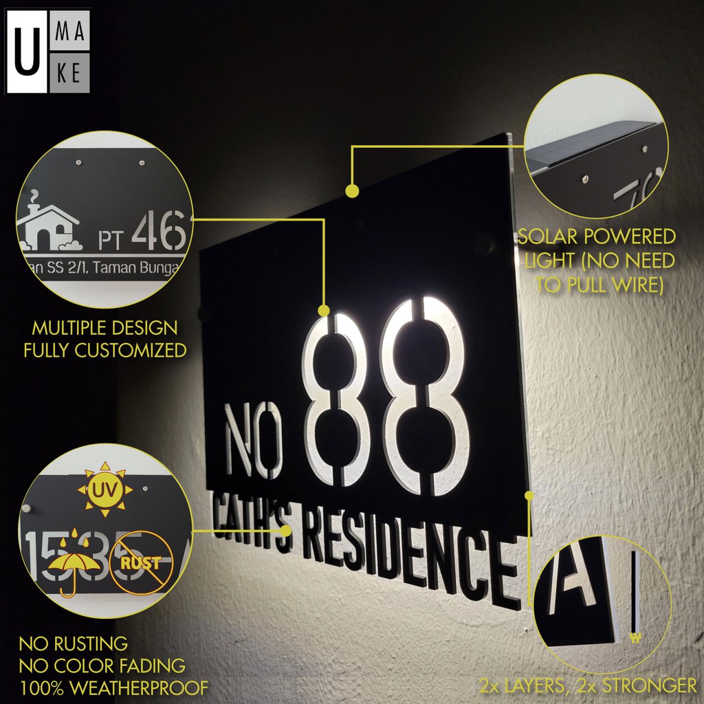 (Solar + LED) Modern Solar House Number & Address Sign 家用门牌 Board Sheet ...