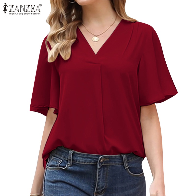 ZANZEA Women European Street Fashion Ruffles Half Sleeves V-Neck Solid ...