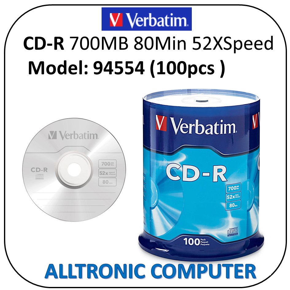 CD-R Verbatim 700MB 52X Speed 80Min 100pcs P/N: 94554 Made in Taiwan ...