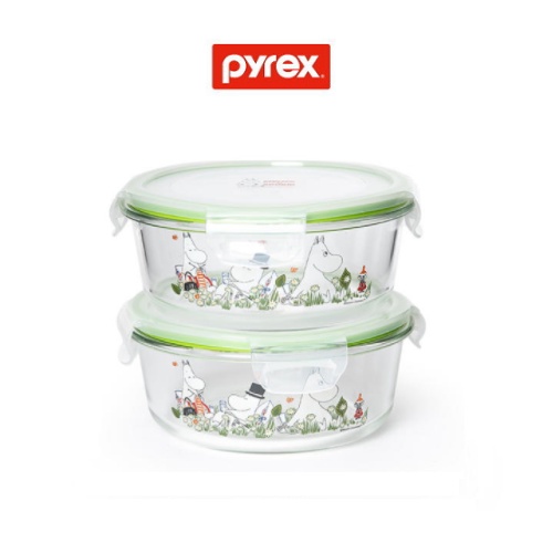 [PYREX] MOOMIN Round Glass Airtight Container 960ml 2p Set / Food Container / Food Storage ...