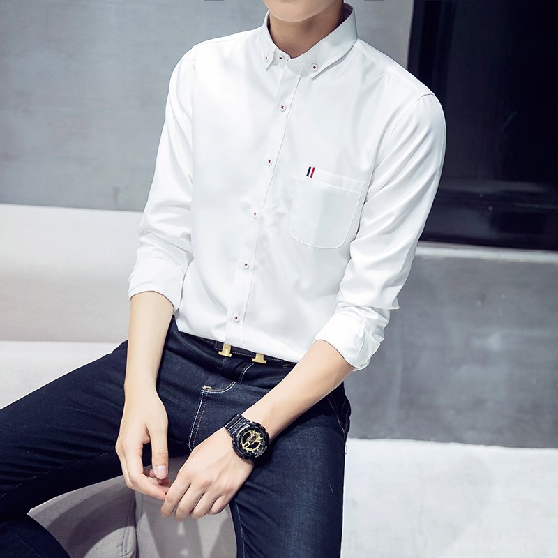 Long Sleeve Shirt Men Plain Casual Slim Fit Office Shirts Soft skin ...