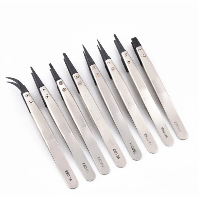 Tweezers 8pcs High quality ESD With Replaceable Tips Full Stainless Steel Body Carbon Fiber ...