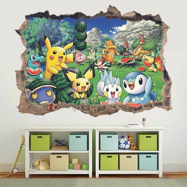 3D Cartoon Broken Wall Stickers Pikachu Decals Pokemon | Shopee Singapore