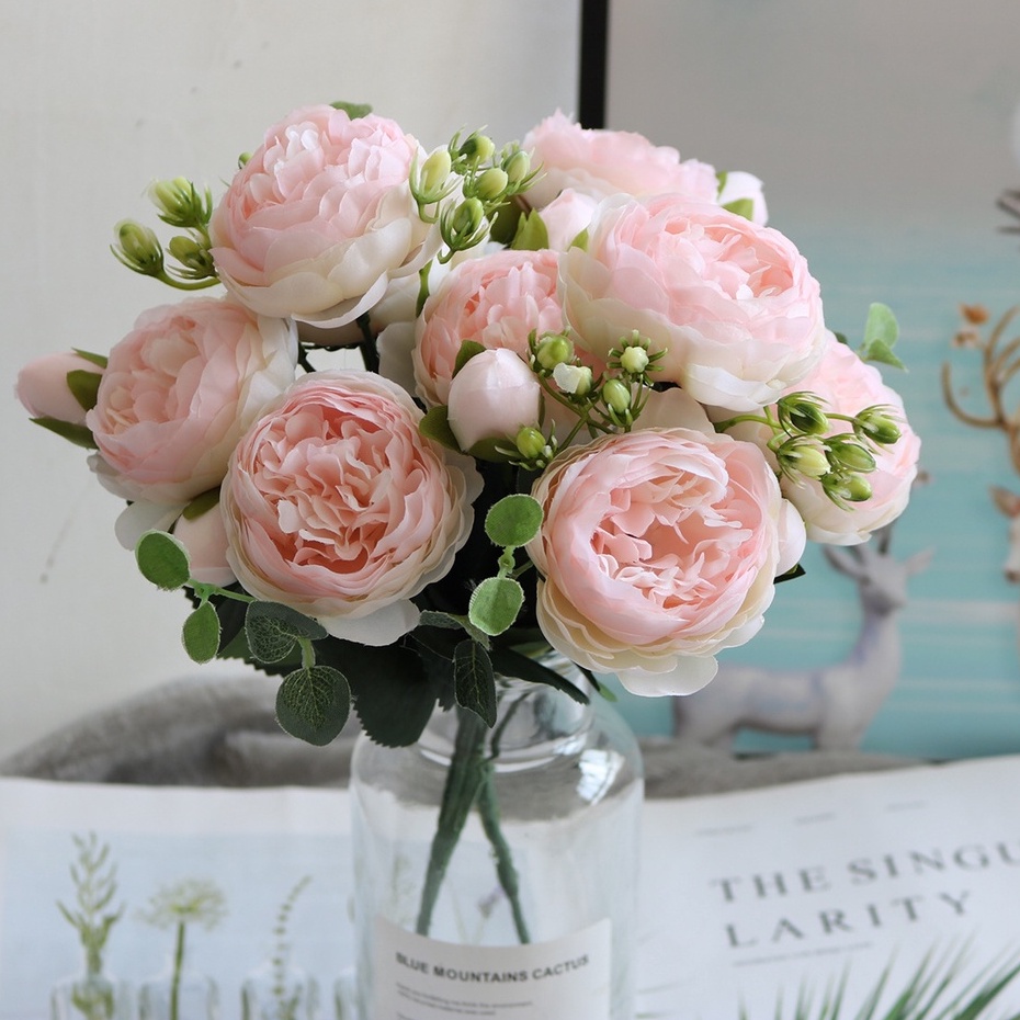 30cm Rose Pink Silk Peony Artificial Flowers Bouquet 5 Big Head and 4 ...
