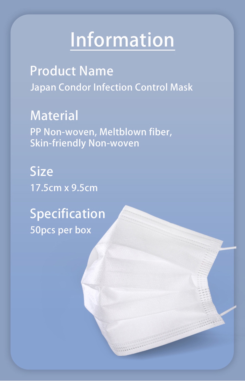 Japan Condor Infection Control Mask 3 PLY 50 pcs Disposable Face Masks ...