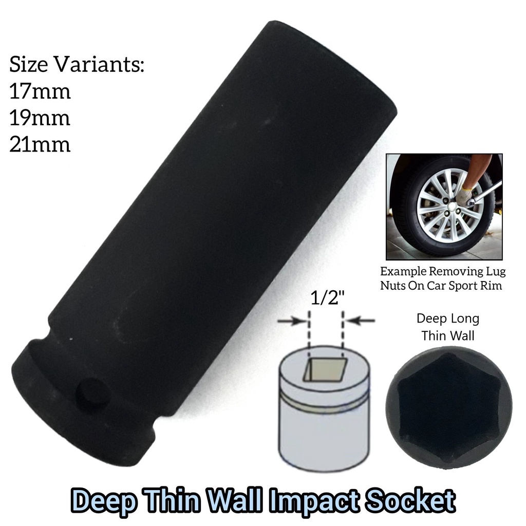 17mm 19mm 21mm Thin Wall Impact Deep Socket 1/2" For Car Wheel Nut ...