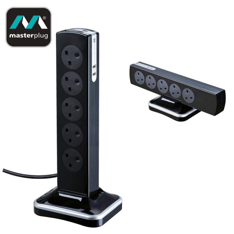 Masterplug Tower Socket with Surge protection, 2x3.1A USB, 10 Socket ...