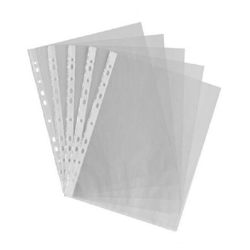 100 Punched Pockets A4 CLEAR PLASTIC Filing Wallets 11 HOLE PROTECTIVE ...