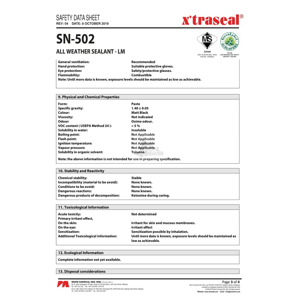 Xtraseal SN-502 All Weather Low Modulus UV & Water Resistant Excellent ...