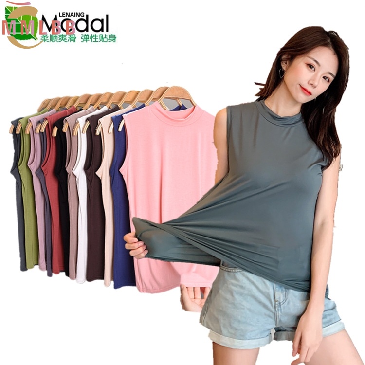 women modal Sleeveless t shirt plain t-shirts Half turtleneck top loose ...