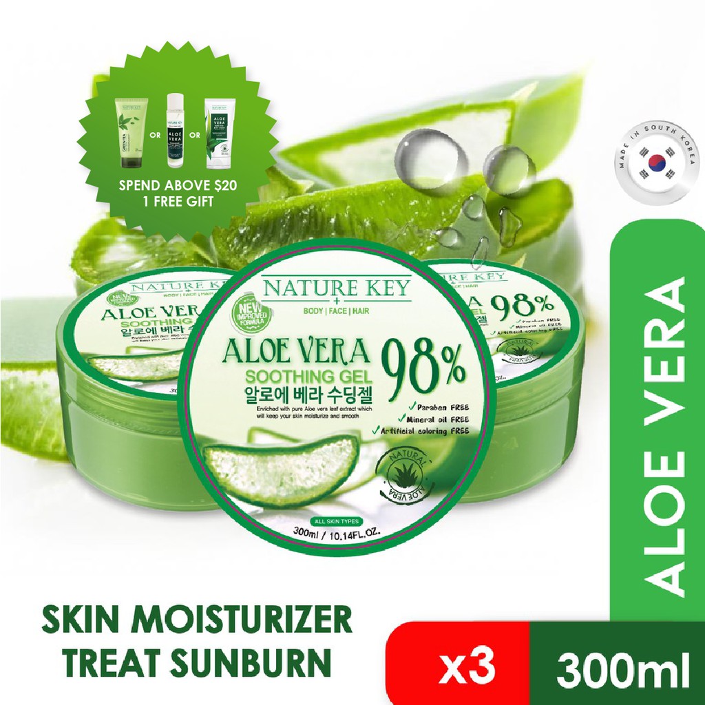 NATURE KEY 98% Aloe Vera Soothing Gel 300ml [3 JARS BUNDLE]Sun Care ...