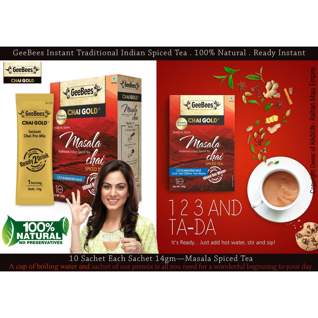 GeeBees Instant Masala Spiced Tea pre-mixes 10 Sachets Each Sachet 14gm ...