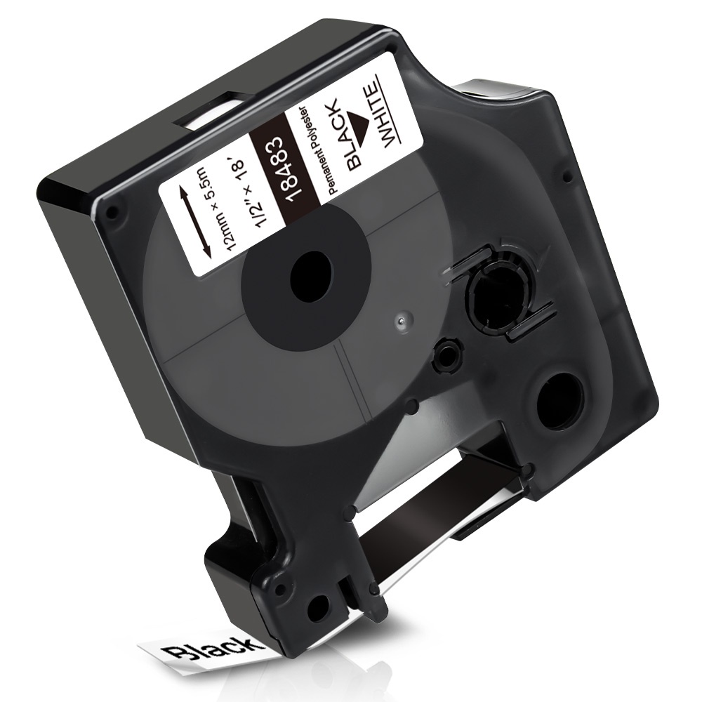 Dymo Compatible IND Permanent Polyester Labels 18483 Black on White 12mm 1/2'' x 5.5m Labeling ...