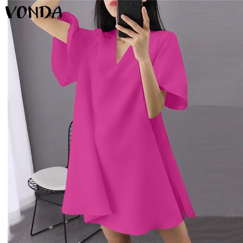 Vonda Women Summer Korean Flare Short Sleeve V Neck Holiday Casual