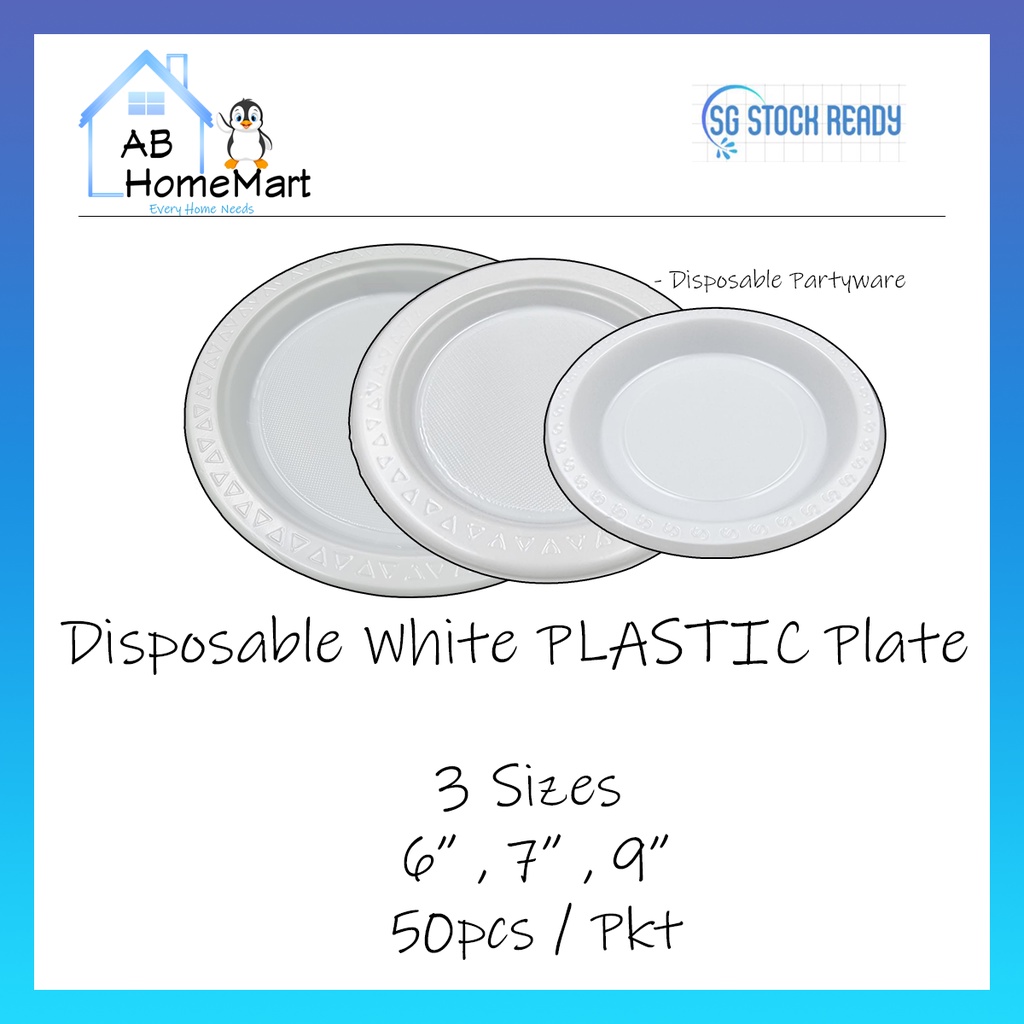 💯 [SG STOCK] 50pcs / Packet | Disposable round PLASTIC Plate, 6", 7", 9 ...