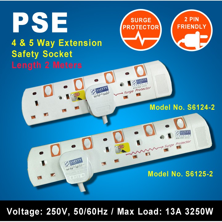 4 & 5 Way Extension Socket with Surge Protection, Safety Mark (2 Meter ...