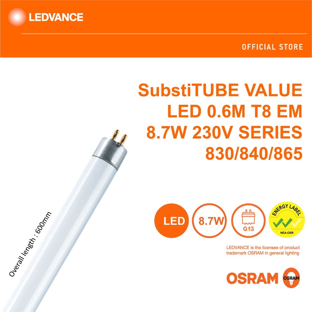 OSRAM LED SubstiTUBE T8 8.7W 0.6M (3000K/4000K/6500K) [ONLY SUITABLE for Single Ended Cabling ...